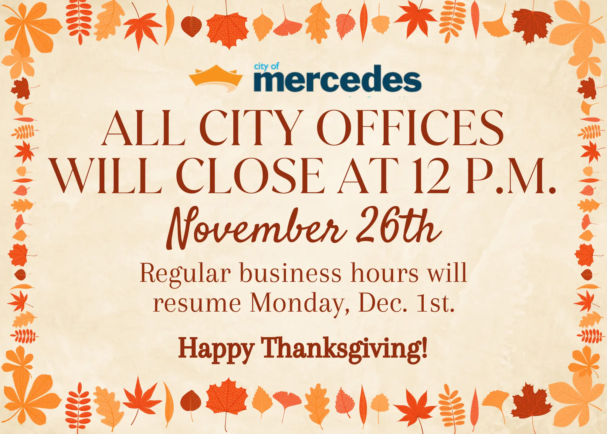 Early Thanksgiving Closures for All City Offices | City of Mercedes